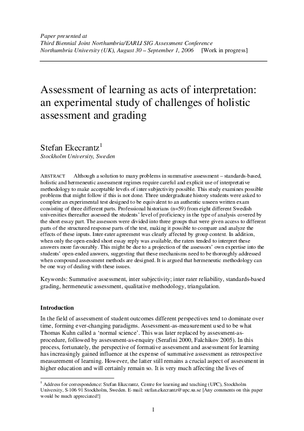 (PDF) Assessment of learning as acts of interpretation: an experimental ...