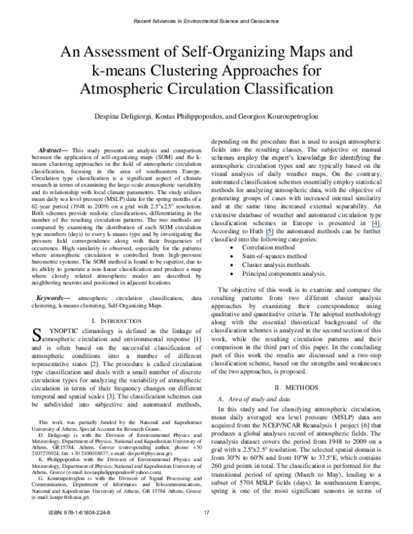 Pdf An Assessment Of Self Organizing Maps And K Means Clustering Approaches For Atmospheric