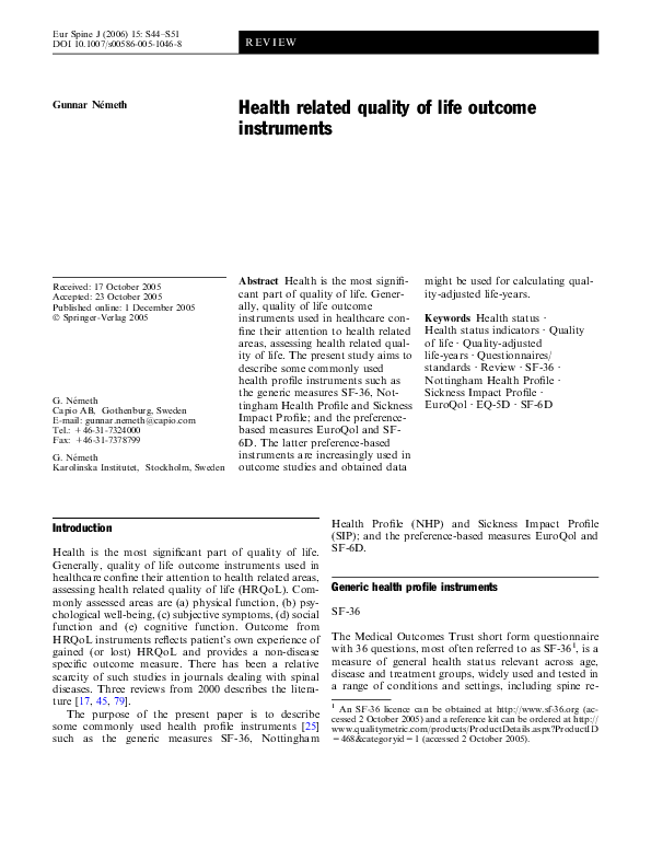 (PDF) Health related quality of life outcome instruments
