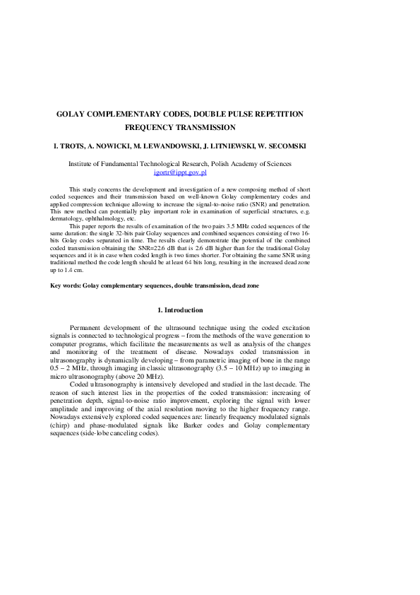 (PDF) GOLAY COMPLEMENTARY CODES, DOUBLE PULSE REPETITION FREQUENCY TRANSMISSION