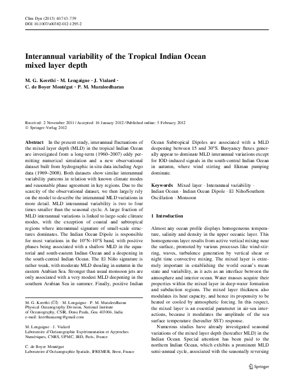 (PDF) Interannual variability of the Tropical Indian Ocean mixed layer ...