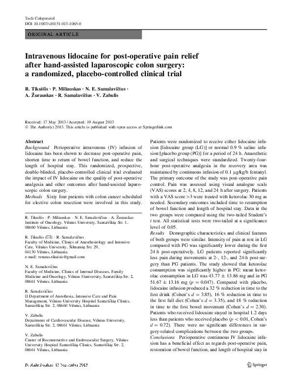 (PDF) Intravenous lidocaine for post-operative pain relief after hand-assisted laparoscopic ...