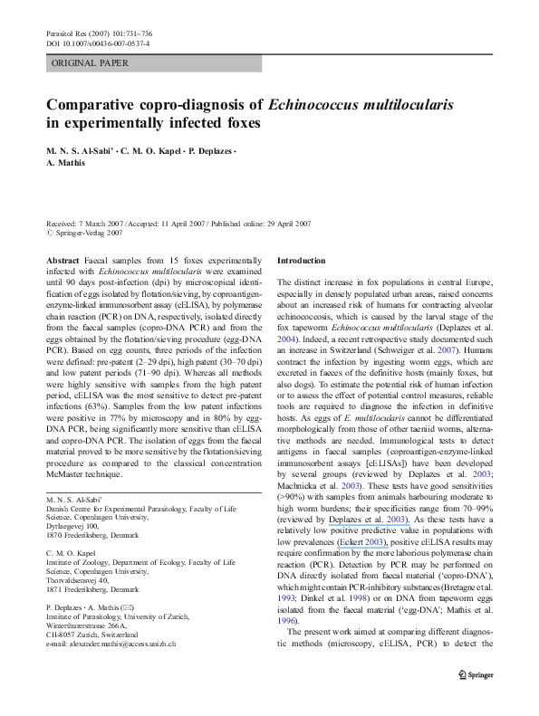 (PDF) Comparative copro-diagnosis of Echinococcus multilocularis in experimentally infected ...