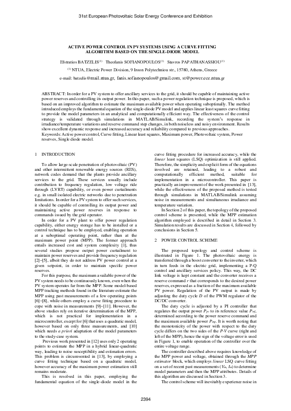 Pdf Power Control In Pv Systems Via Curve Fitting Algorithm