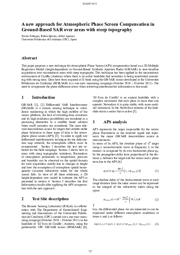 Pdf A New Approach For Atmospheric Phase Screen Compensation In Ground Based Sar Over Areas