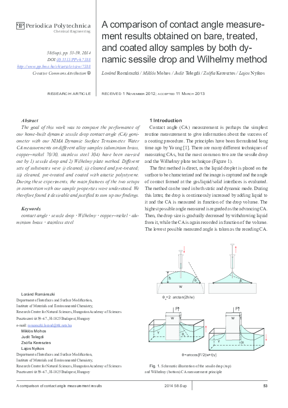 (PDF) A comparison of contact angle measurement results obtained on bare, treated, and coated ...