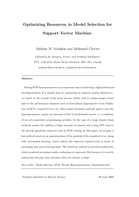 (PDF) Optimizing resources in model selection for support vector machine