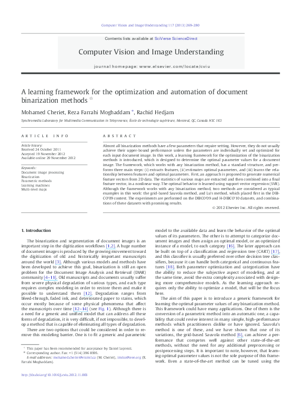 (PDF) A learning framework for the optimization and automation of document binarization methods