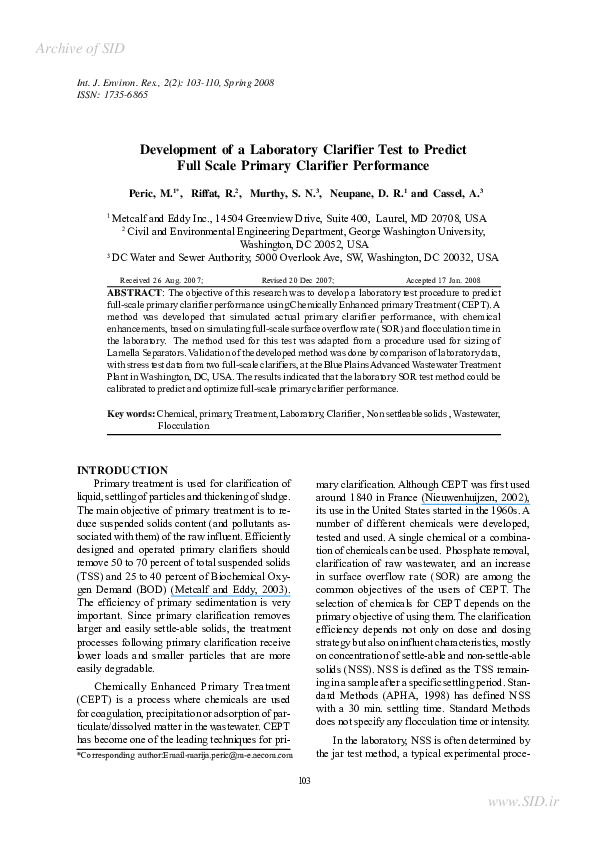 (PDF) Development of a Laboratory Clarifier Test to Predict Full Scale ...