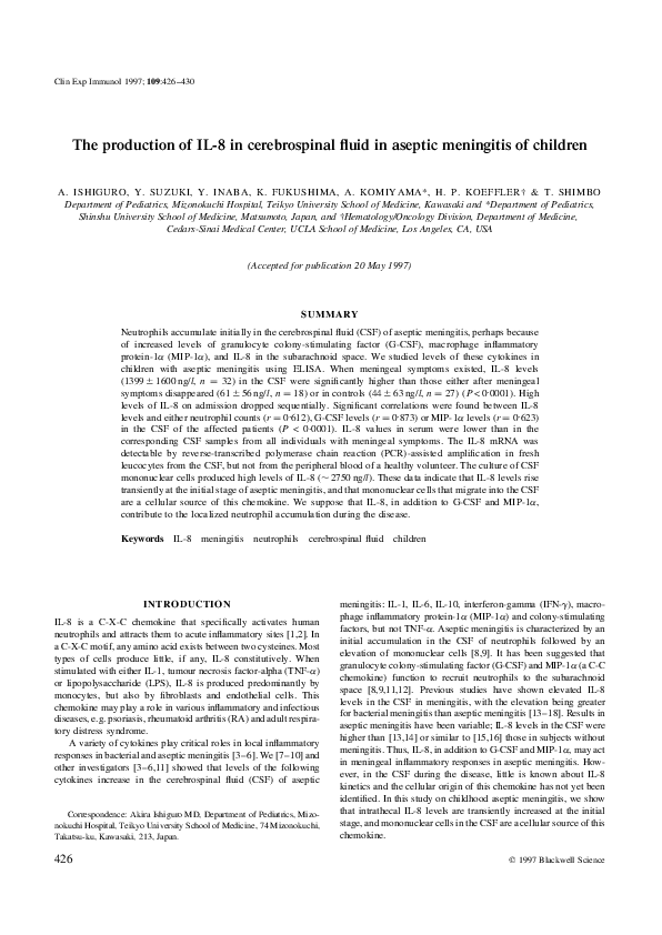 (PDF) The production of IL-8 in cerebrospinal fluid in aseptic ...