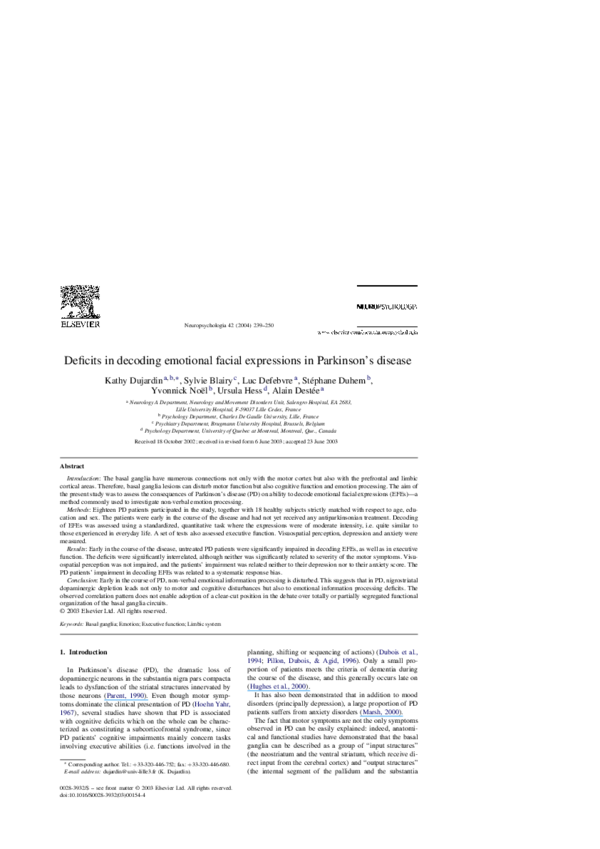 (PDF) Deficits in decoding emotional facial expressions in Parkinson's ...