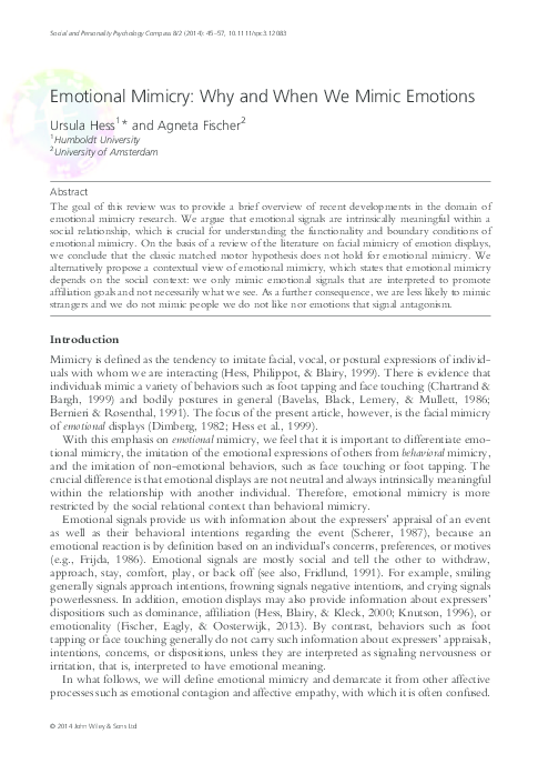 (PDF) Emotional Mimicry: Why and When We Mimic Emotions