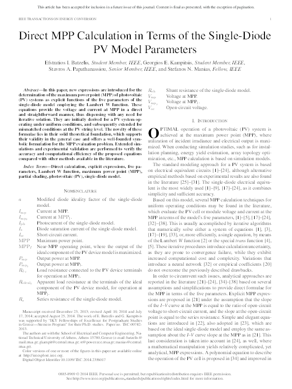 Pdf Direct Mpp Calculation From Pv Model Parameters