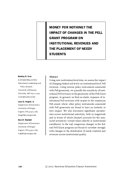 (PDF) Money for Nothing? The Impact of Changes in the Pell Grant Program on Institutional ...