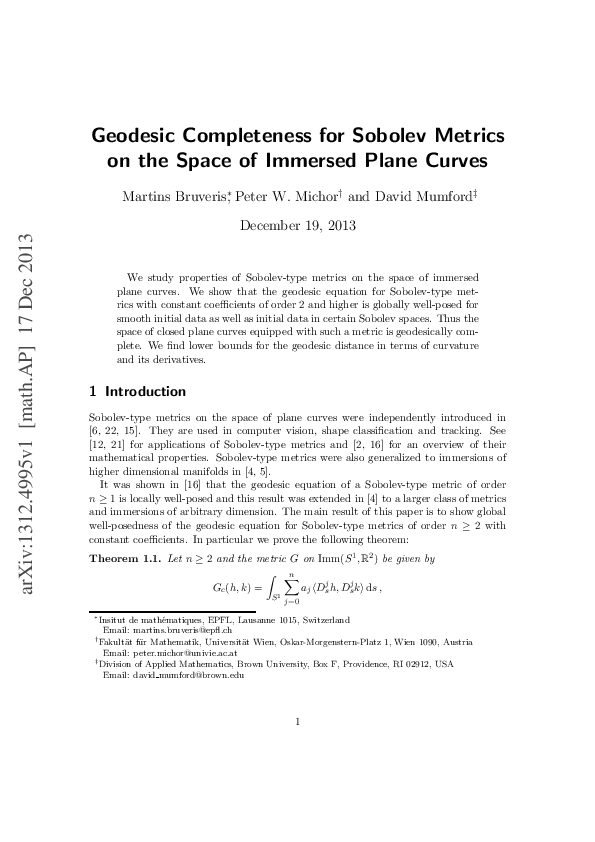 (PDF) GEODESIC COMPLETENESS FOR SOBOLEV METRICS ON THE SPACE OF IMMERSED PLANE CURVES