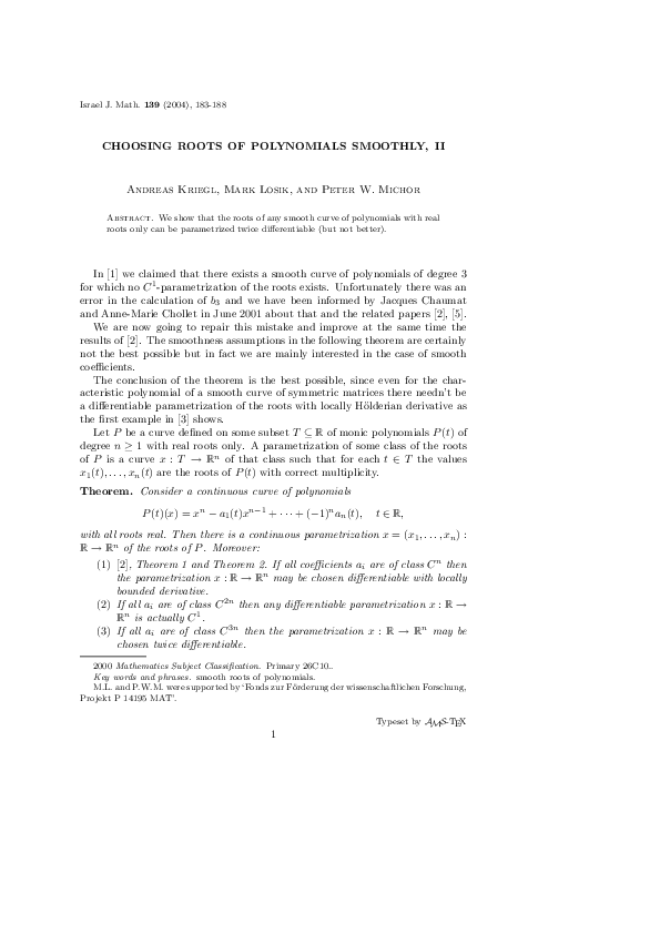 (PDF) Choosing roots of polynomials smoothly, II