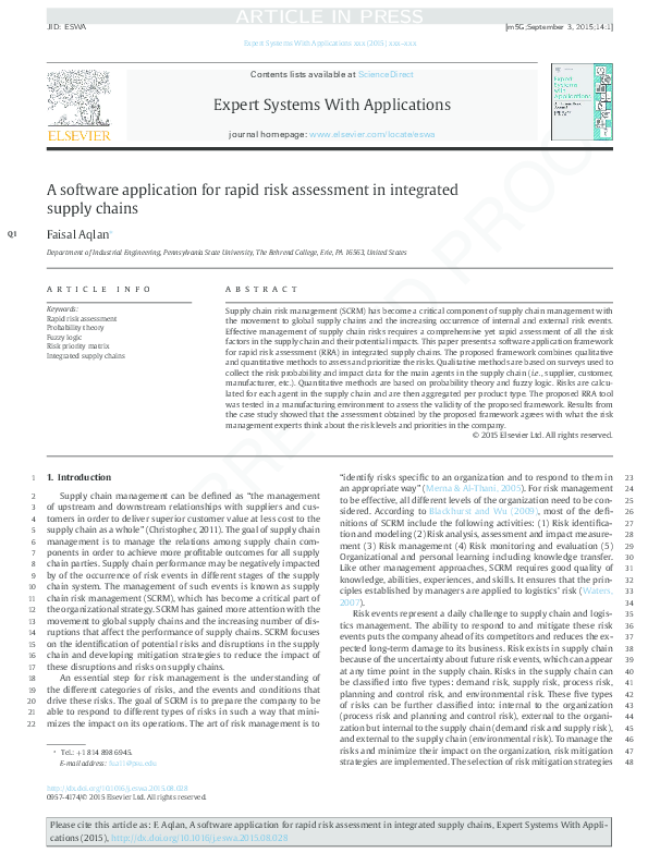 (PDF) A software application for rapid risk assessment in integrated supply chains