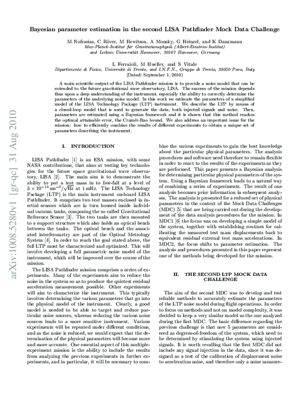 Pdf Bayesian Parameter Estimation In The Second Lisa Pathfinder Mock