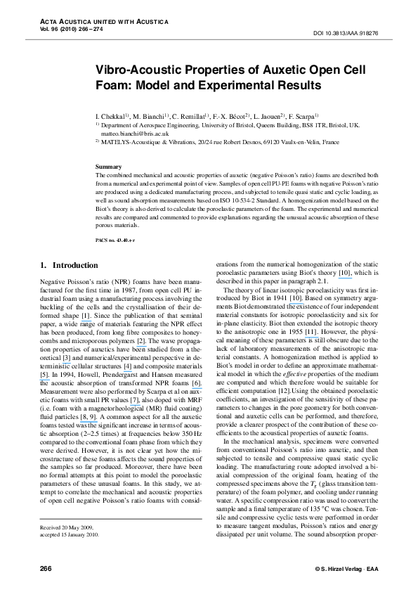 Pdf Vibro Acoustic Properties Of Auxetic Open Cell Foam Model And Experimental Results