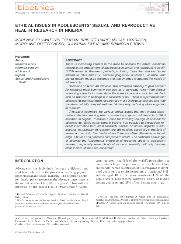 (PDF) Ethical Issues in Adolescents' Sexual and Reproductive Health ...