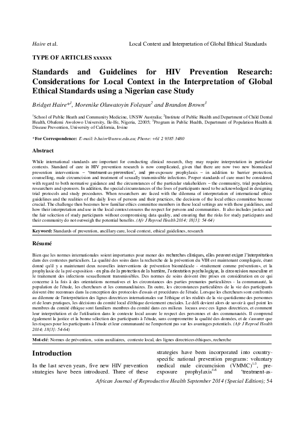 (PDF) Standards and Guidelines for HIV Prevention Research ...