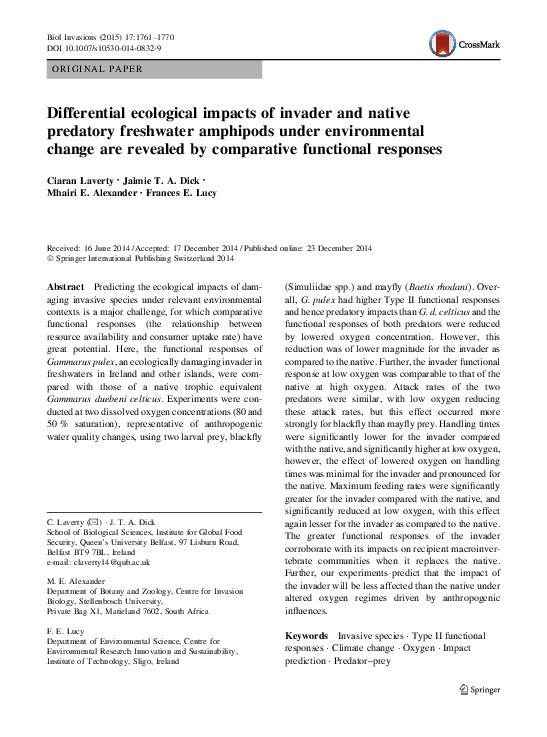 (PDF) Differential ecological impacts of invader and native predatory ...
