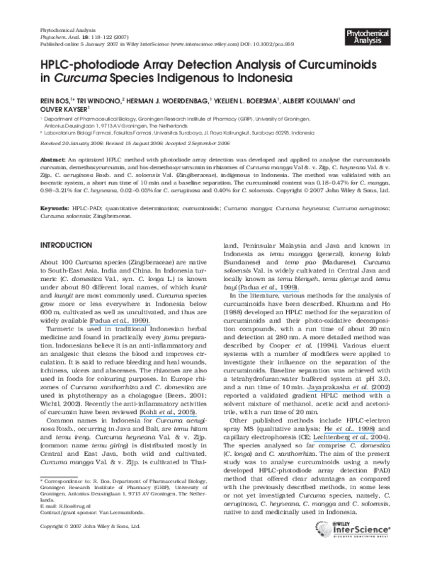 (PDF) HPLC-photodiode array detection analysis of curcuminoids inCurcuma species indigenous to ...