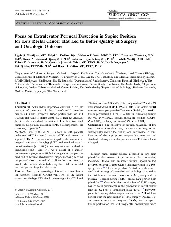 (PDF) Focus on Extralevator Perineal Dissection in Supine Position for Low Rectal Cancer Has Led ...
