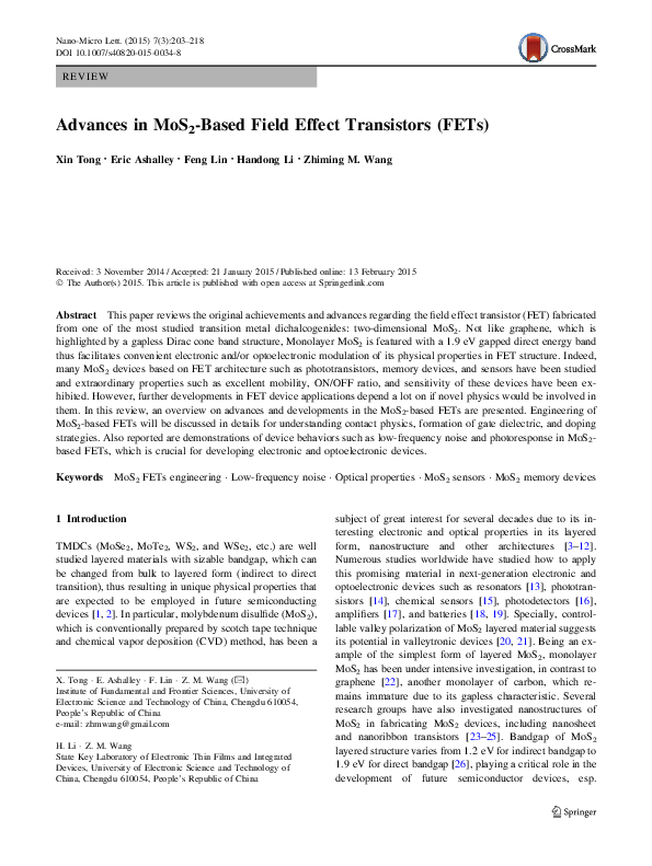 Pdf Advances In Mos2 Based Field Effect Transistors Fets