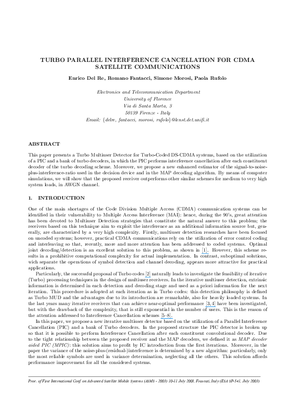 (PDF) TURBO PARALLEL INTERFERENCE CANCELLATION FOR CDMA SATELLITE COMMUNICATIONS