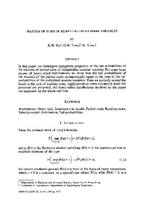 Pdf Maxima Of Sums Of Heavy Tailed Random Variables Qihe Tang And H