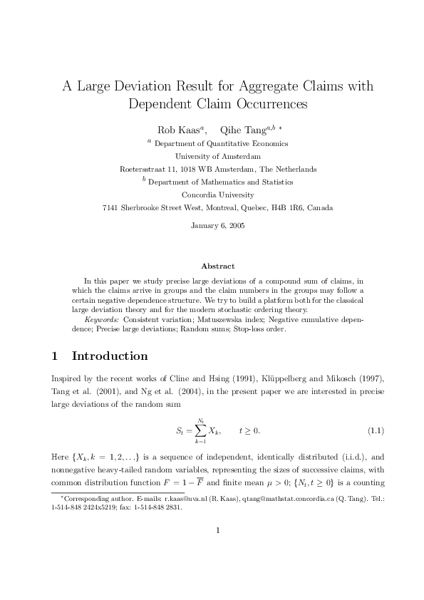 (PDF) A large deviation result for aggregate claims with dependent claim occurrences | Rob Kaas ...