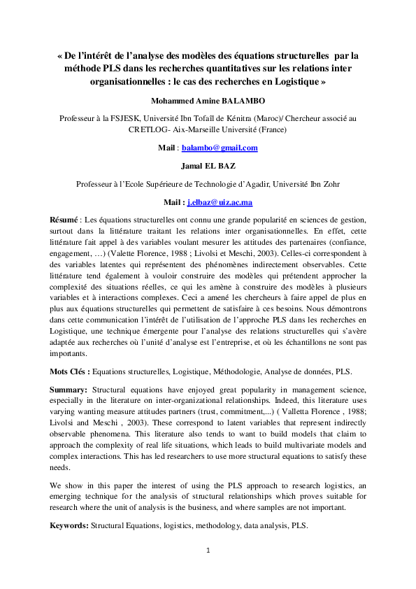 (PDF) De l’intérêt de l’analyse des modèles des équations structurelles ...