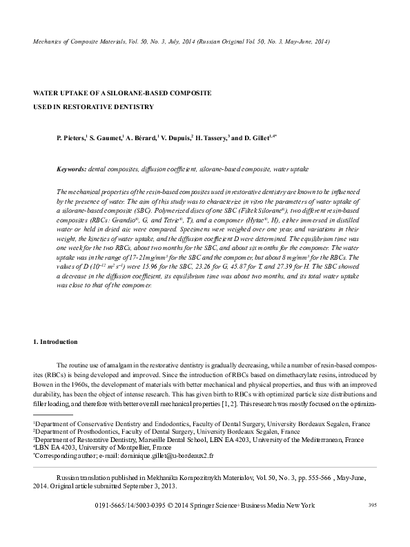 Pdf Water Uptake Of A Silorane Based Composite Used In Restorative Dentistry
