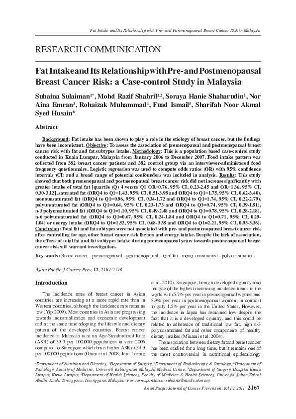 (PDF) Fat Intake and Its Relationship with Pre-and Post-menopausal ...