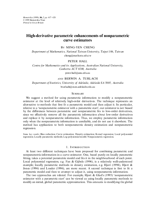 (PDF) High-derivative parametric enhancements of nonparametric curve estimators | Peter Hall and ...