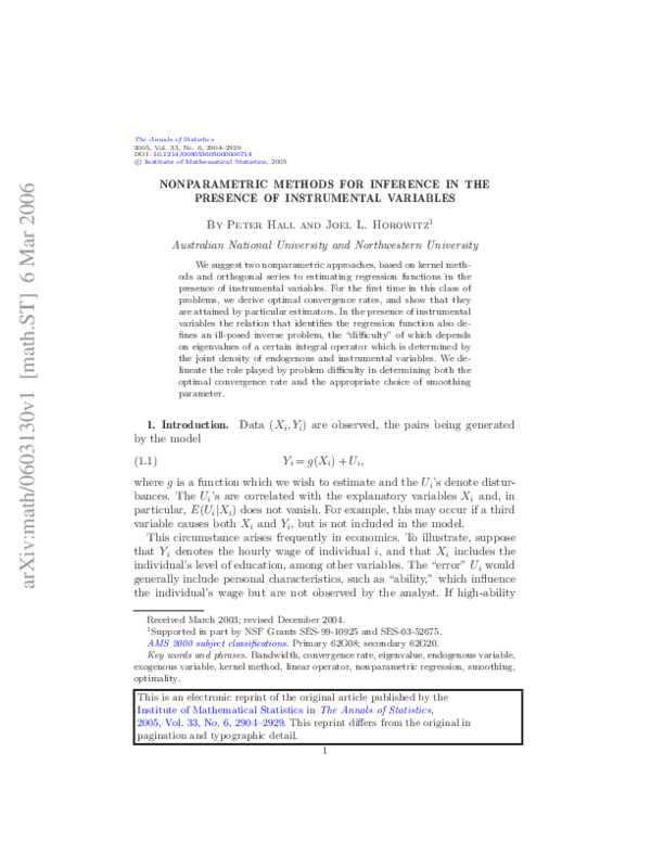 (PDF) Nonparametric methods for inference in the presence of instrumental variables