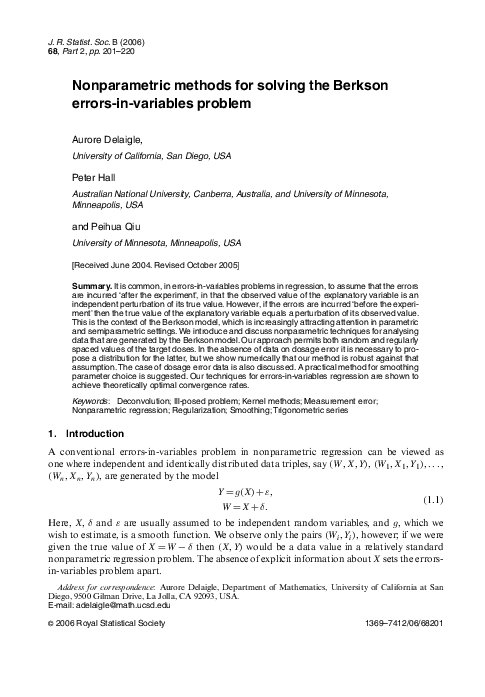 (PDF) Nonparametric methods for solving the Berkson errors-in-variables problem