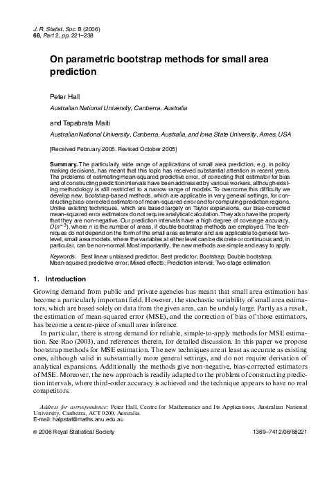 Pdf On Parametric Bootstrap Methods For Small Area Prediction