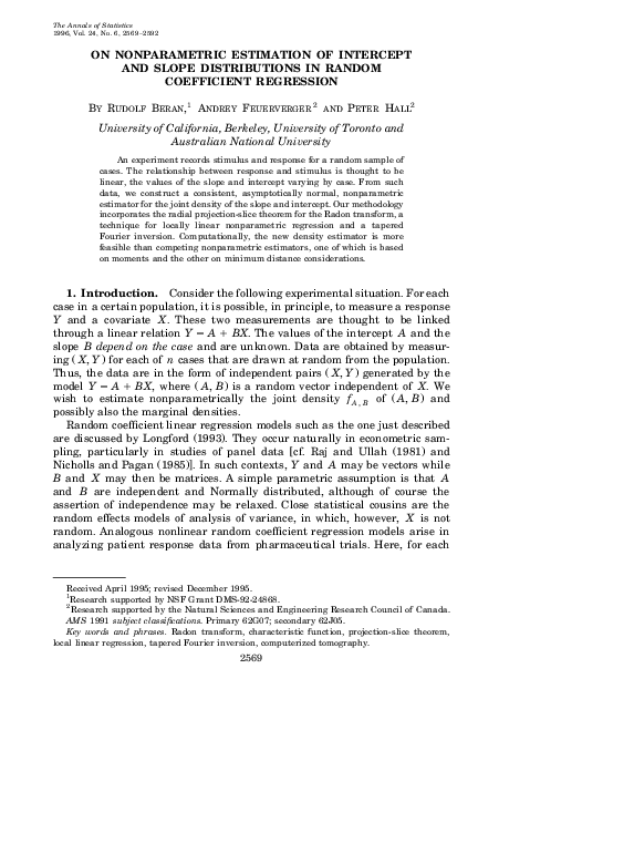 On nonparametric estimation of intercept and slope distributions in random coefficient regression