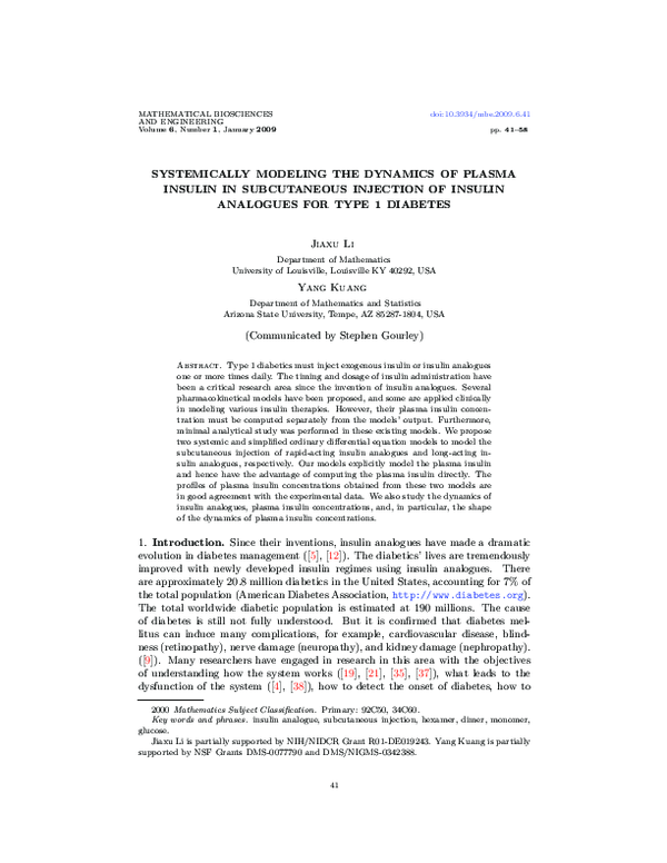 (PDF) Systemically modeling the dynamics of plasma insulin in subcutaneous injection of insulin ...