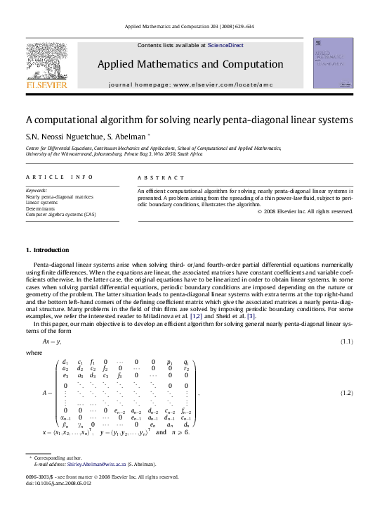 Pdf A Computational Algorithm For Solving Nearly Penta Diagonal
