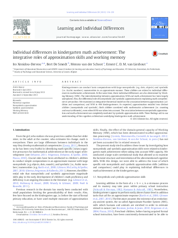 (PDF) Individual differences in kindergarten math achievement: The integrative roles of ...