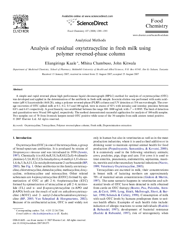 (PDF) Analysis of residual oxytetracycline in fresh milk using polymer ...