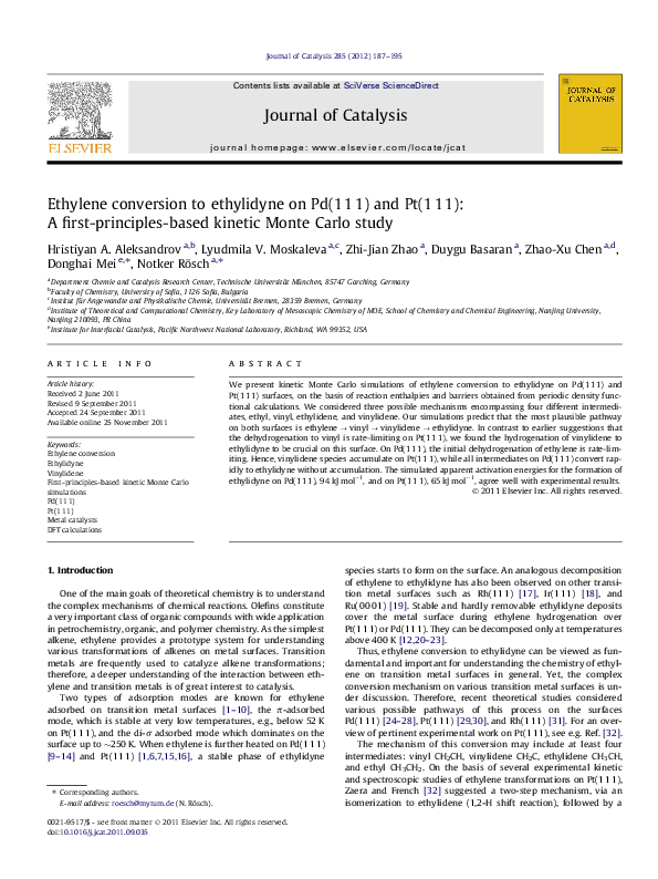 (PDF) Ethylene conversion to ethylidyne on Pd(111) and Pt(111): A first ...