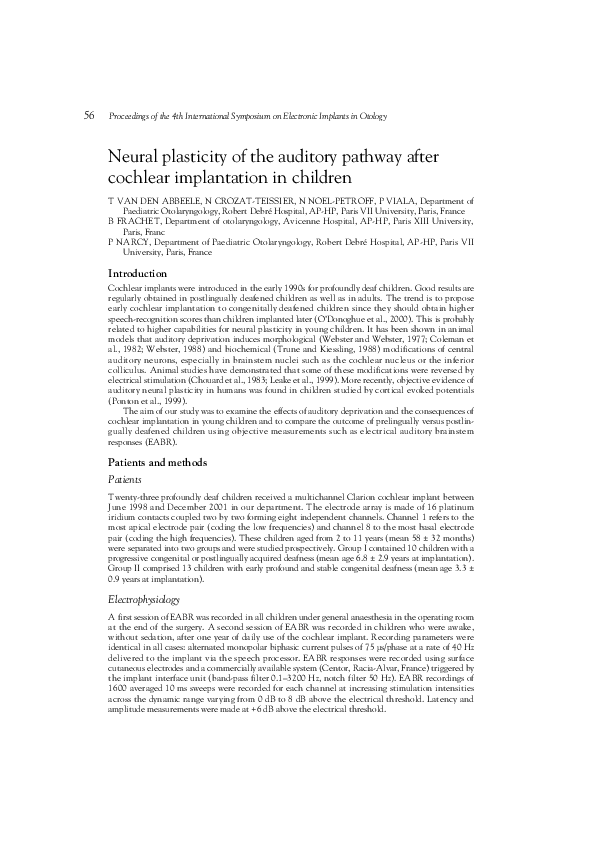 (PDF) Neural plasticity of the auditory pathway after cochlear ...