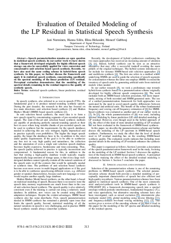 (PDF) Evaluation of detailed modeling of the LP residual in statistical speech synthesis