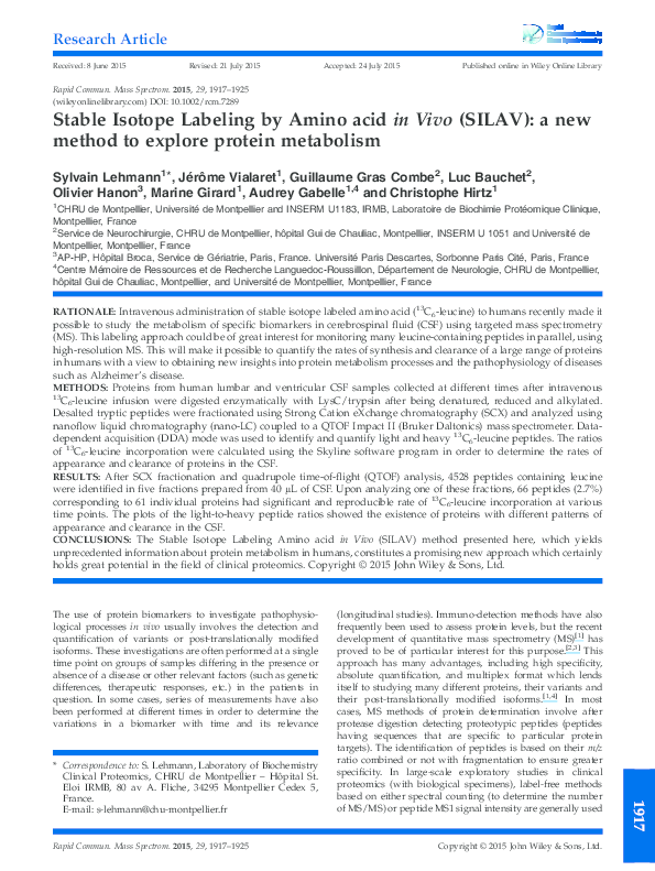 (PDF) Stable Isotope Labeling by Amino acid in Vivo (SILAV): a new method to explore protein ...