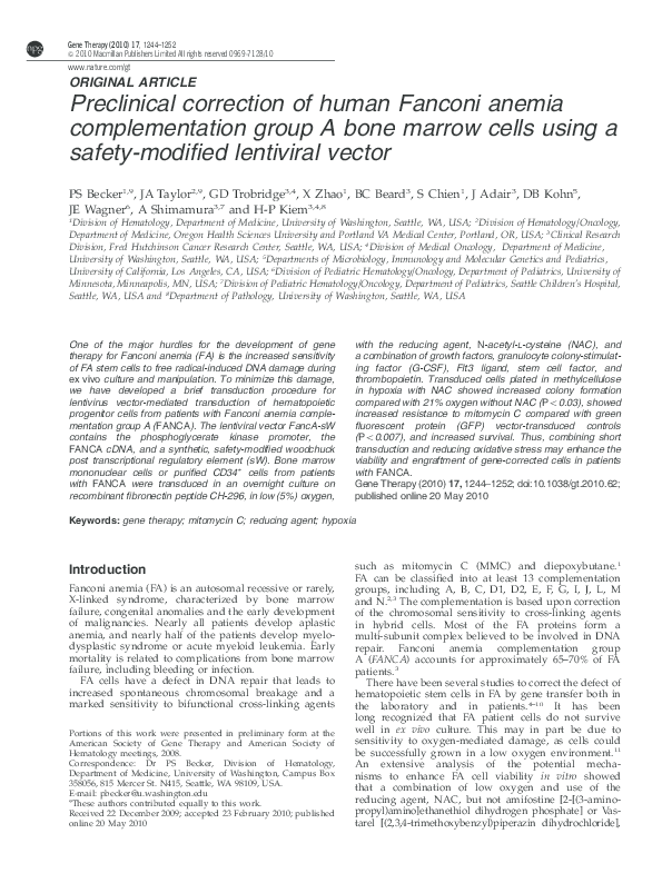 (PDF) Preclinical correction of human Fanconi anemia complementation ...