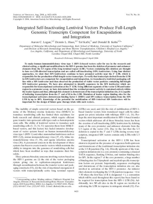 (PDF) Integrated Self-Inactivating Lentiviral Vectors Produce Full ...